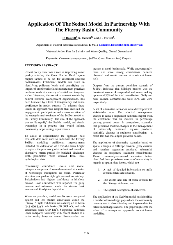 (PDF) Application Of The Sednet Model In Partnership With The Fitzroy ...