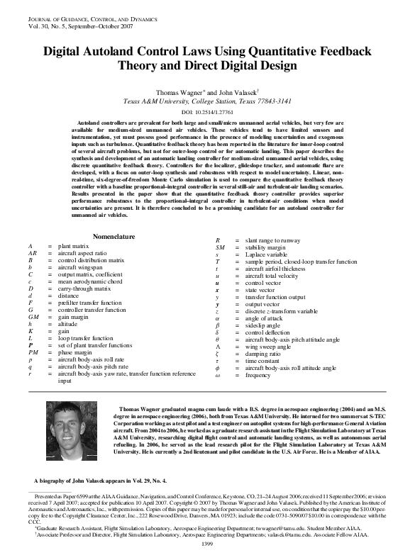 (PDF) Digital Autoland Control Laws Using Quantitative Feedback Theory and Direct Digital Design