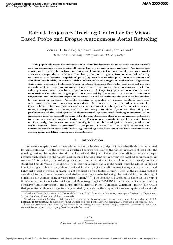 Pdf Trajectory Tracking Controller For Vision Based Probe And Drogue Autonomous Aerial Refueling