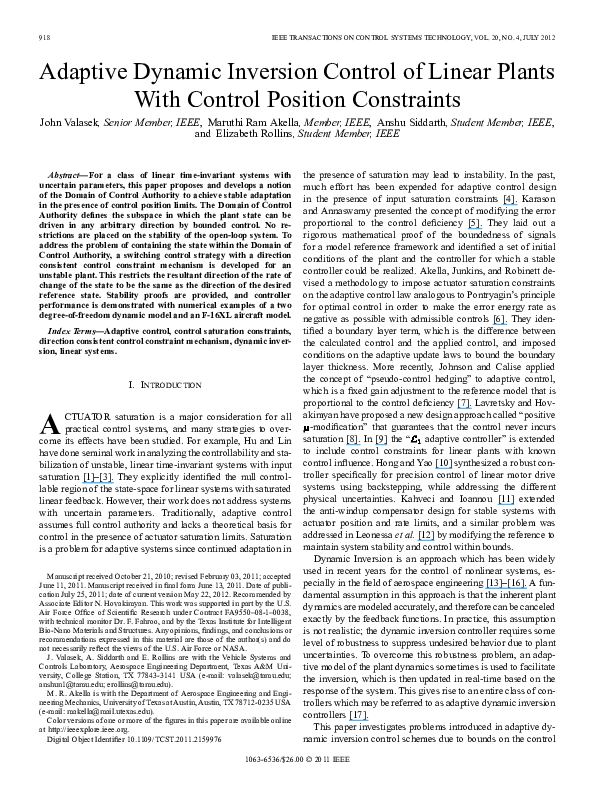 (PDF) Adaptive Dynamic Inversion Control of Linear Plants With Control ...