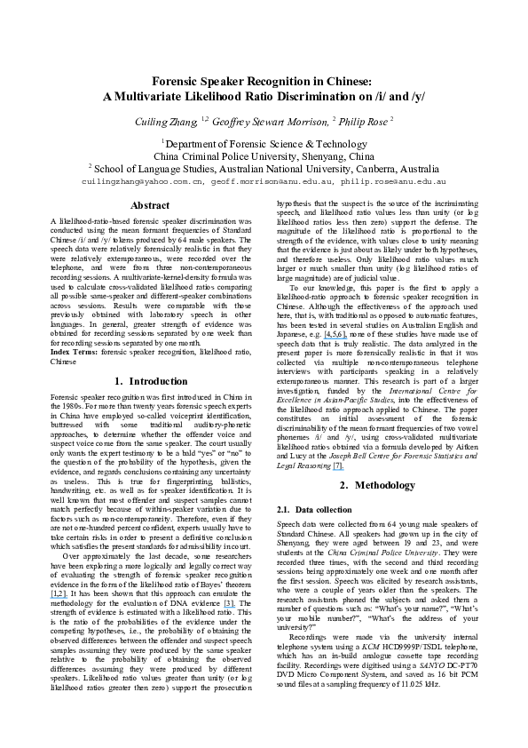 Pdf Forensic Speaker Recognition In Chinese A Multivariate Likelihood Ratio Discrimination On