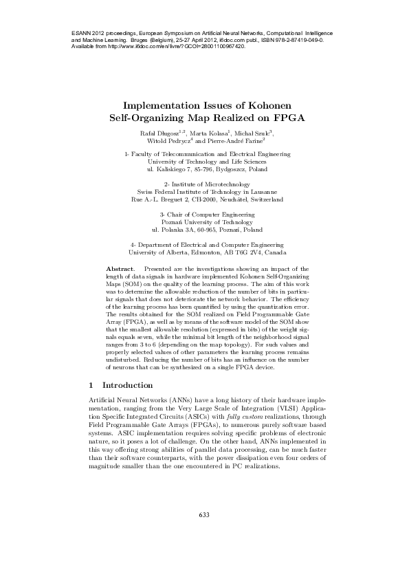 (PDF) Implementation Issues of Kohonen Self-Organizing Map Realized on FPGA