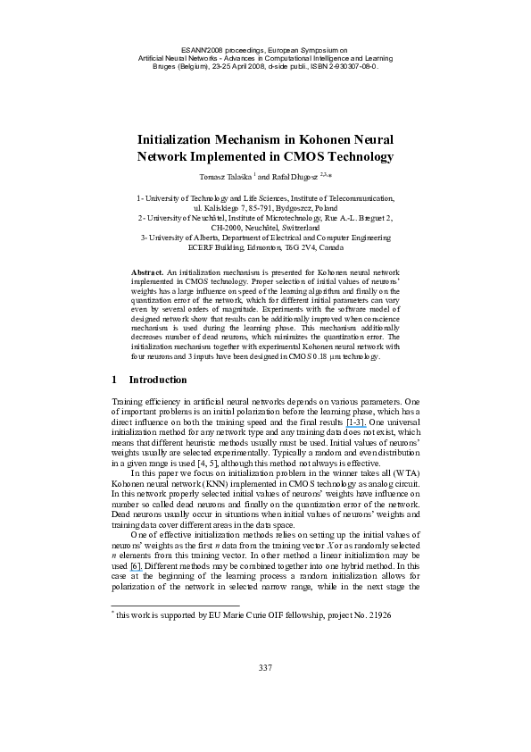 (PDF) Initialization mechanism in Kohonen neural network implemented in CMOS technology