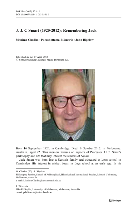(PDF) J. J. C Smart (1920-2012): Remembering Jack | Monima Chadha and ...