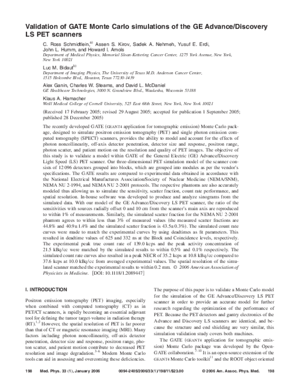 (PDF) Validation of GATE Monte Carlo simulations of the GE Advance ...