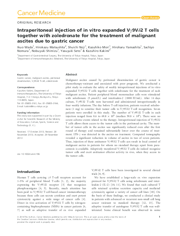 (PDF) Intraperitoneal injection of in vitro expanded Vγ9Vδ2 T cells ...