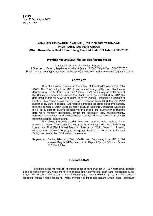 (PDF) ANALISIS PENGARUH CAR, NPL, LDR DAN NIM TERHADAP PROFITABILITAS PERBANKAN (Studi Kasus ...