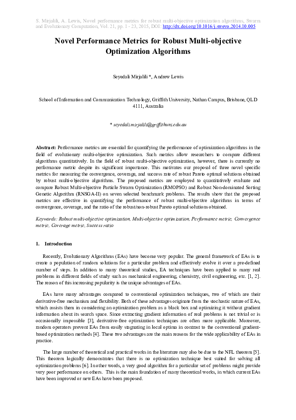 Pdf Novel Performance Metrics For Robust Multi Objective Optimization Algorithms