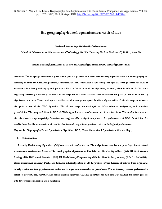 (PDF) Biogeography-based optimisation with chaos