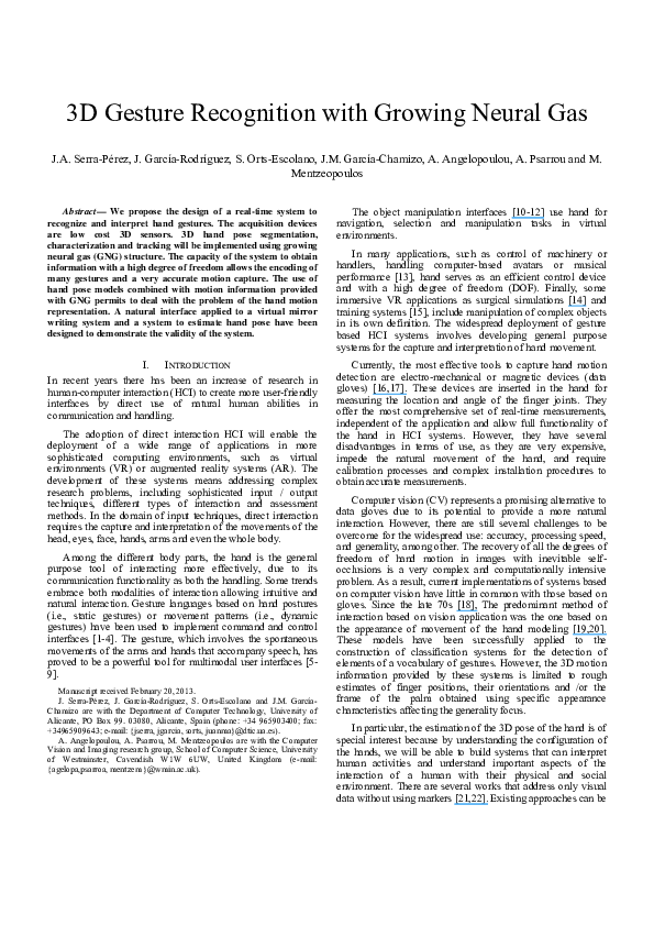 (PDF) 3D gesture recognition with growing neural gas