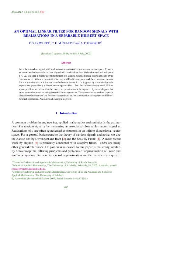 Pdf An Optimal Linear Filter For Random Signals With Realisations In