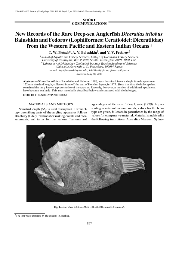 (PDF) New records of the rare deep-sea anglerfish Diceratias trilobus ...