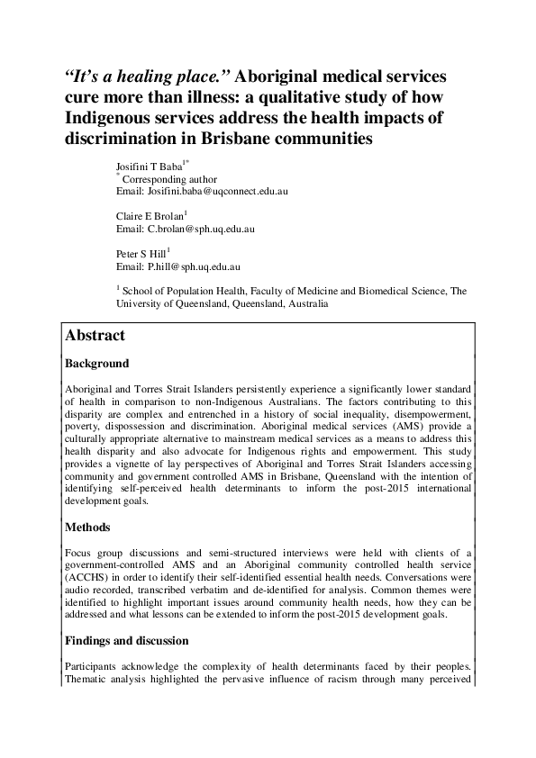 (PDF) Aboriginal medical services cure more than illness: a qualitative ...