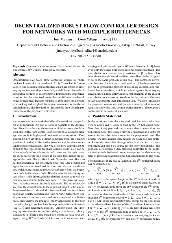 Pdf Decentralised Robust Flow Controller Design For Networks With Multiple Bottlenecks