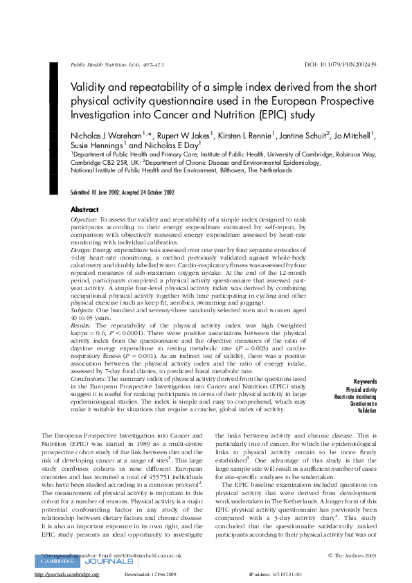 Pdf Validity And Repeatability Of A Simple Index Derived From The