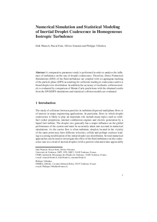 Pdf Numerical Simulation And Statistical Modeling Of Inertial Droplet Coalescence In