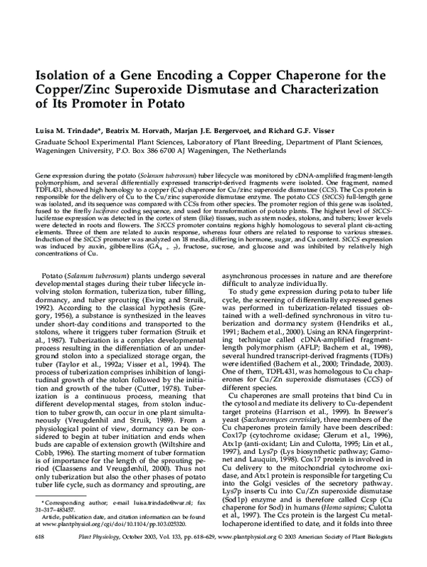 (PDF) Isolation of a gene encoding a copper chaperone for the Cu/Zn superoxide dismutase and ...