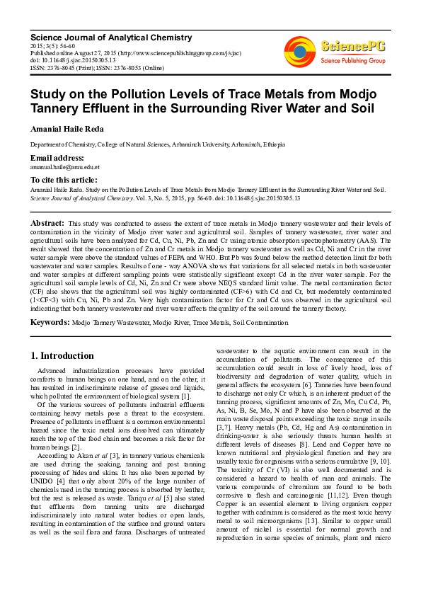 (PDF) Study on the Pollution Levels of Trace Metals from Modjo Tannery ...