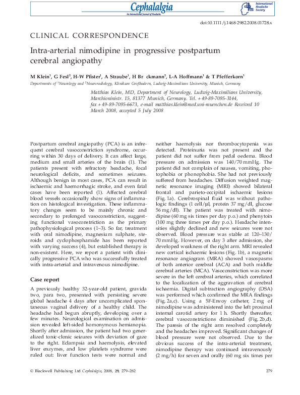 (PDF) Intra-arterial nimodipine in progressive postpartum cerebral angiopathy