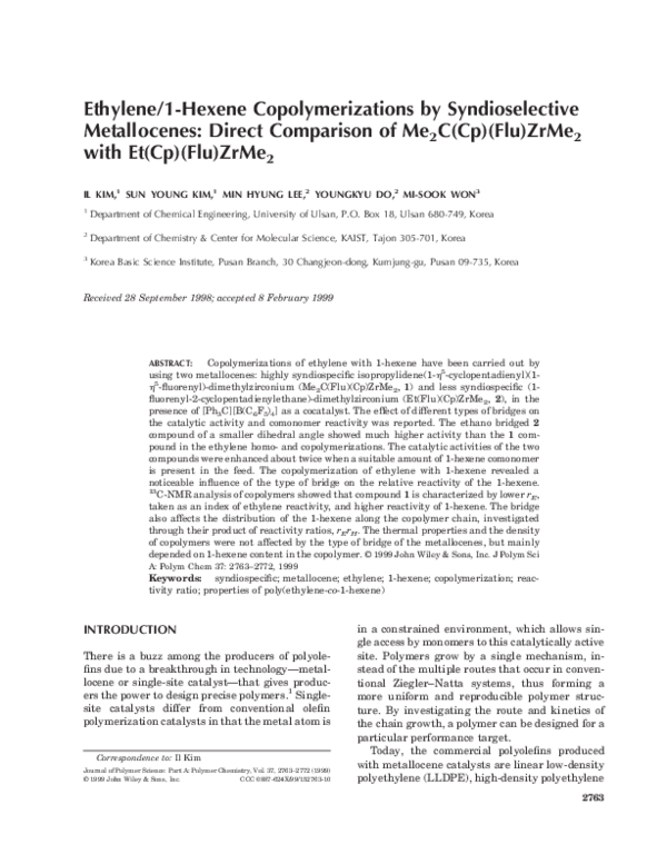 (PDF) Ethylene/1‐hexene copolymerizations by syndioselective ...