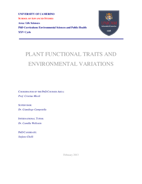 (PDF) PLANT FUNCTIONAL TRAITS AND ENVIRONMENTAL VARIATIONS
