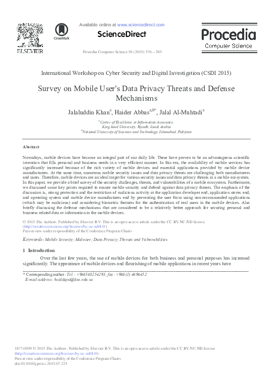 (PDF) Survey on Mobile User's Data Privacy Threats and Defense Mechanisms