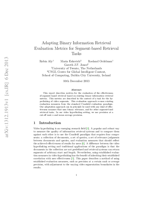 Pdf Adapting Binary Information Retrieval Evaluation Metrics For Segment Based Retrieval Tasks