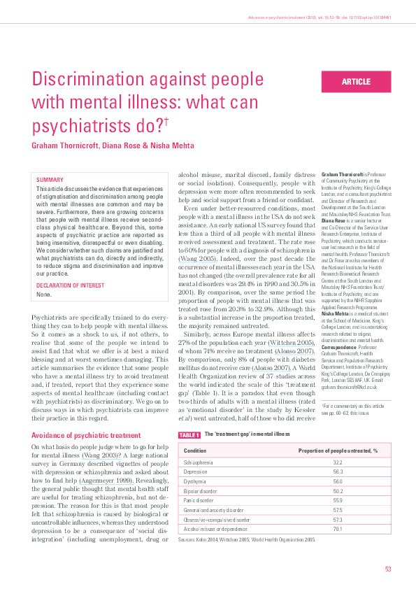 (PDF) Discrimination against people with mental illness: what can ...