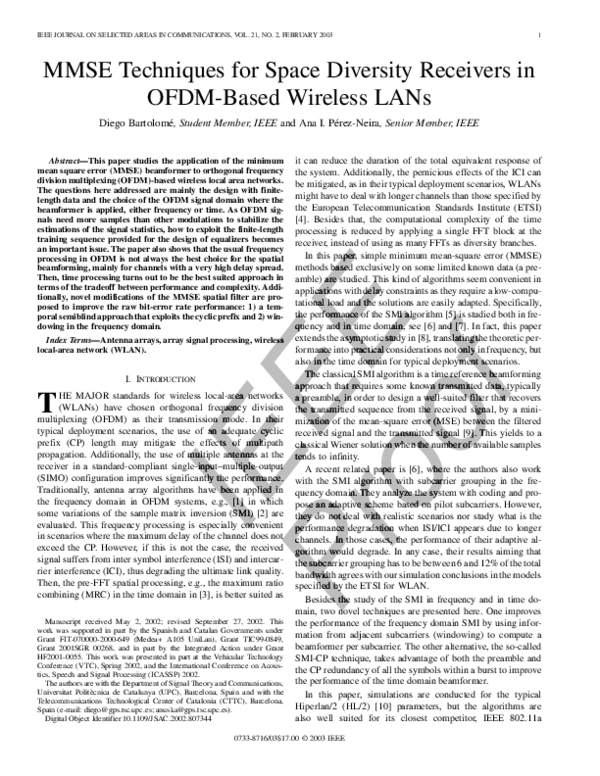 Pdf Mmse Techniques For Space Diversity Receivers In Ofdm Based Wireless Lans