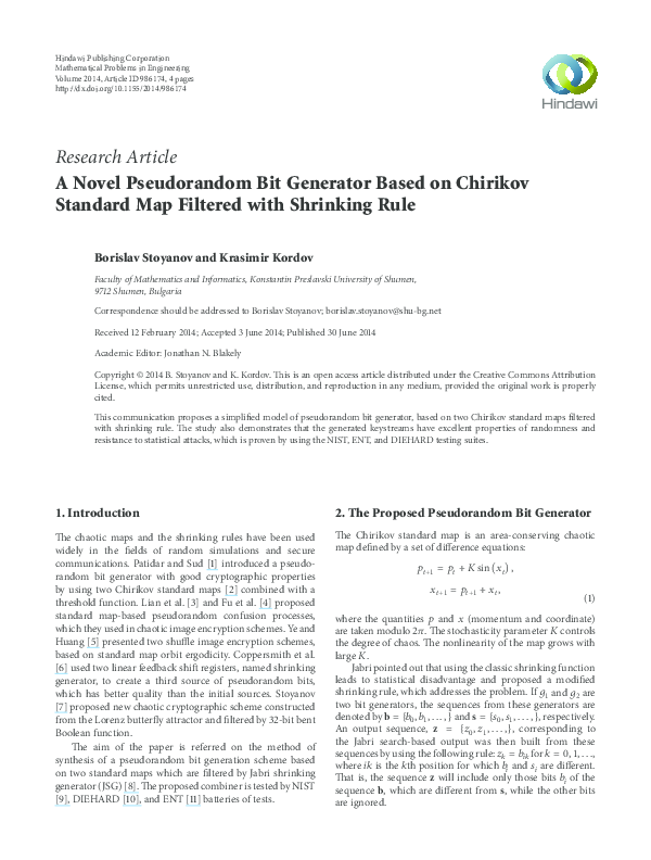 (PDF) A Novel Pseudorandom Bit Generator Based on Chirikov Standard Map Filtered with Shrinking Rule