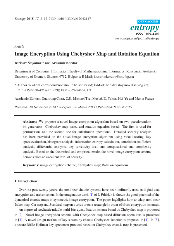 Pdf Image Encryption Using Chebyshev Map And Rotation Equation Borislav Stoyanov
