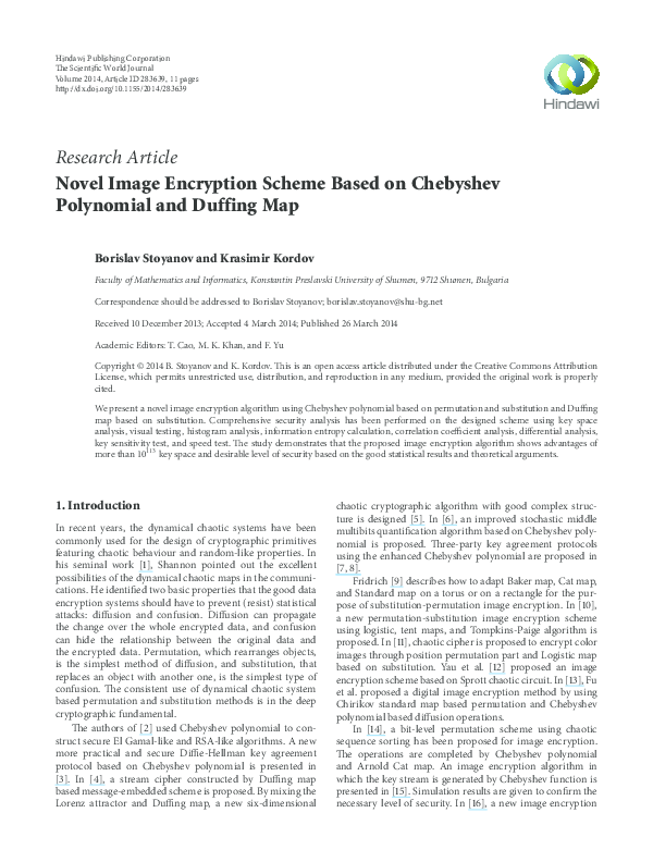 Pdf Novel Image Encryption Scheme Based On Chebyshev Polynomial And Duffing Map Borislav 