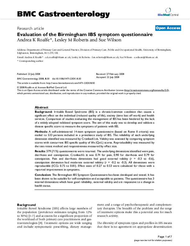 (PDF) Evaluation of the Birmingham IBS symptom questionnaire
