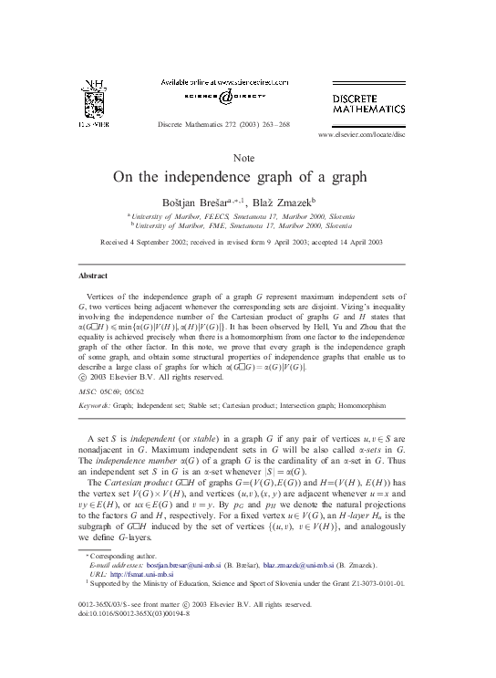 (PDF) On the independence graph of a graph