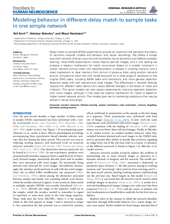 (PDF) Modeling behavior in different delay match to sample tasks in one simple network