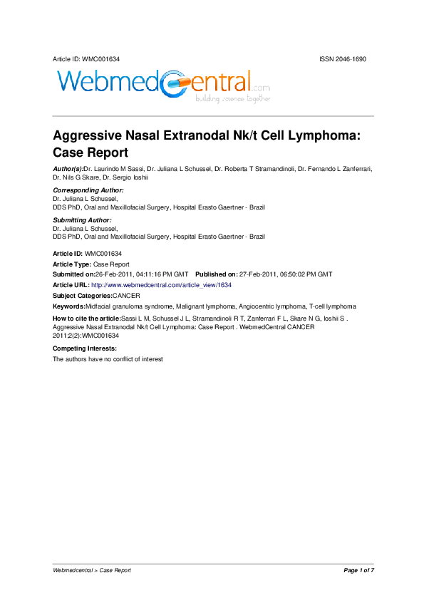 (PDF) Aggressive Nasal Extranodal Nk/t Cell Lymphoma: Case Report | Juliana L Schussel and R ...