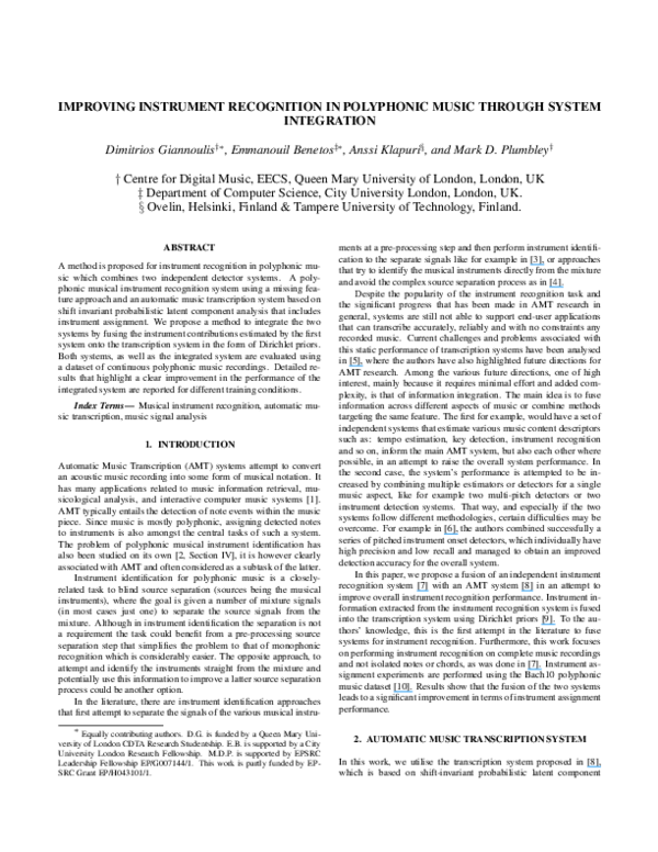Pdf Improving Instrument Recognition In Polyphonic Music Through System Integration