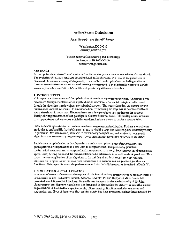 (PDF) Particle Swarm Optimization - Neural Networks, 1995. Proceedings., IEEE International ...