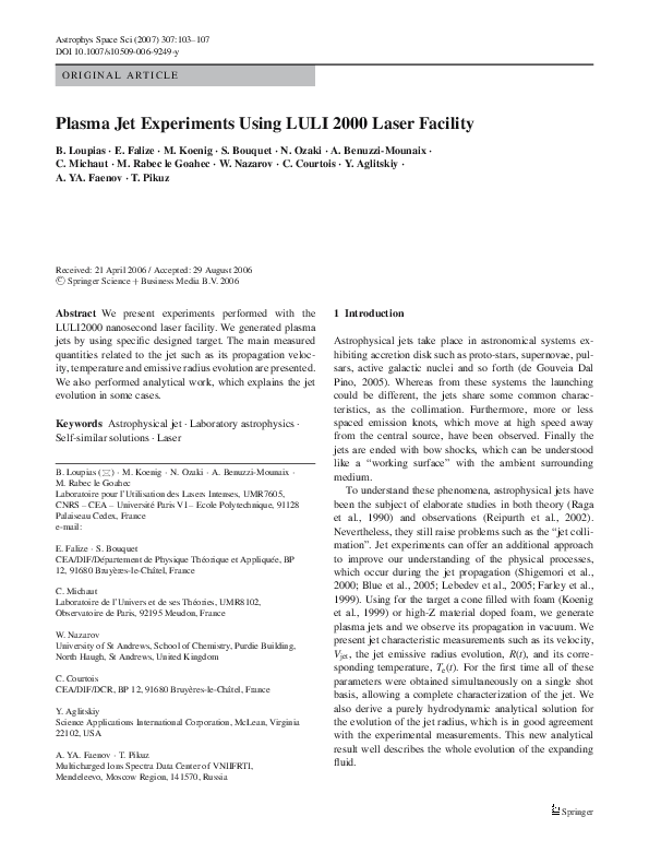 (PDF) Plasma Jet Experiments Using LULI 2000 Laser Facility