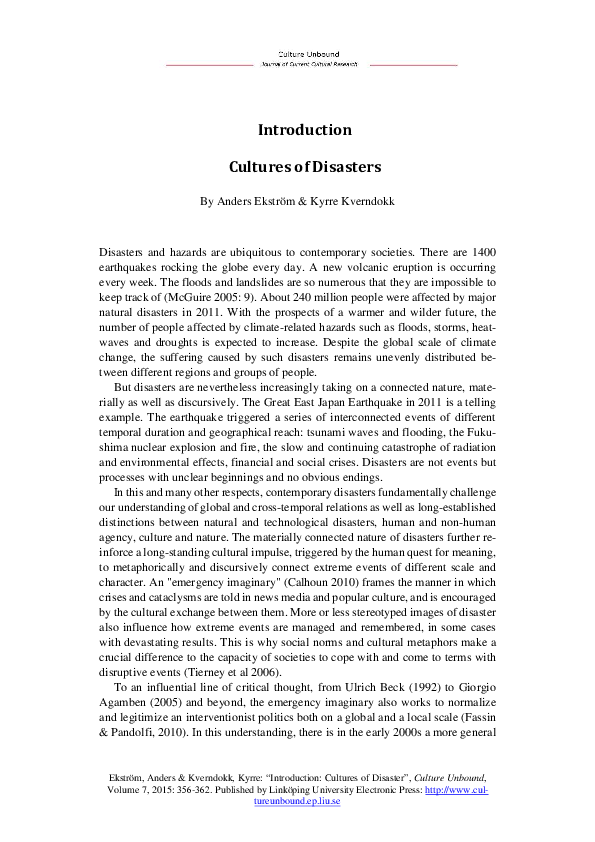 (PDF) Cultures of disasters Introduction