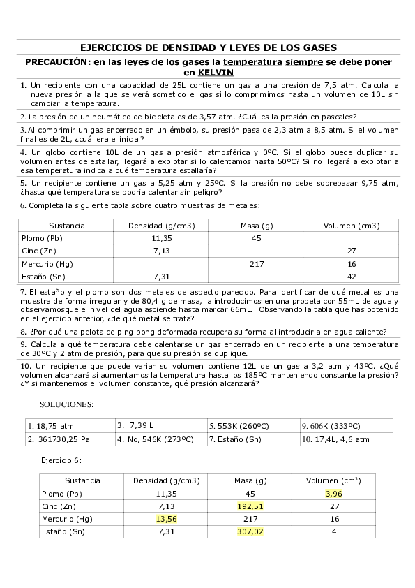 (PDF) Ejercicios gases 3º ESO soluciones