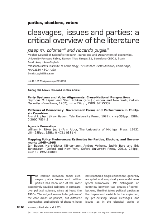 (PDF) cleavages, issues and parties: a critical overview of the literature