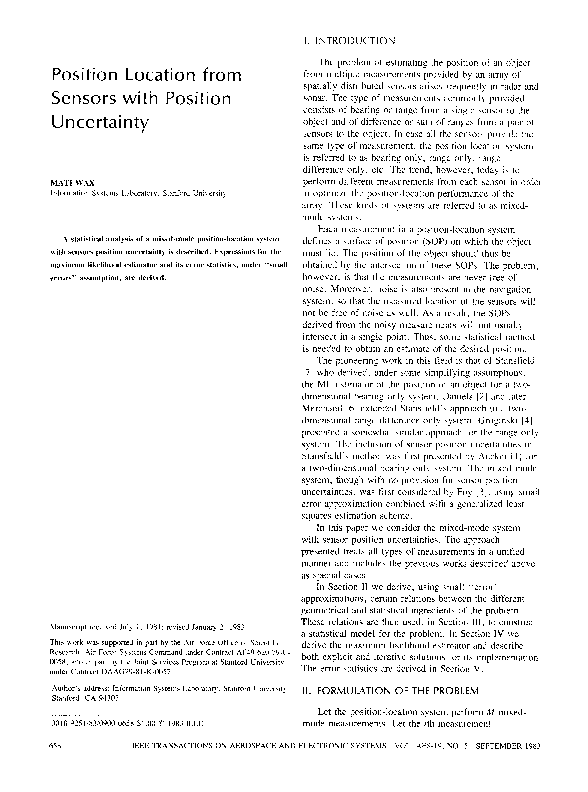 (PDF) Position Location from Sensors with Position Uncertainty