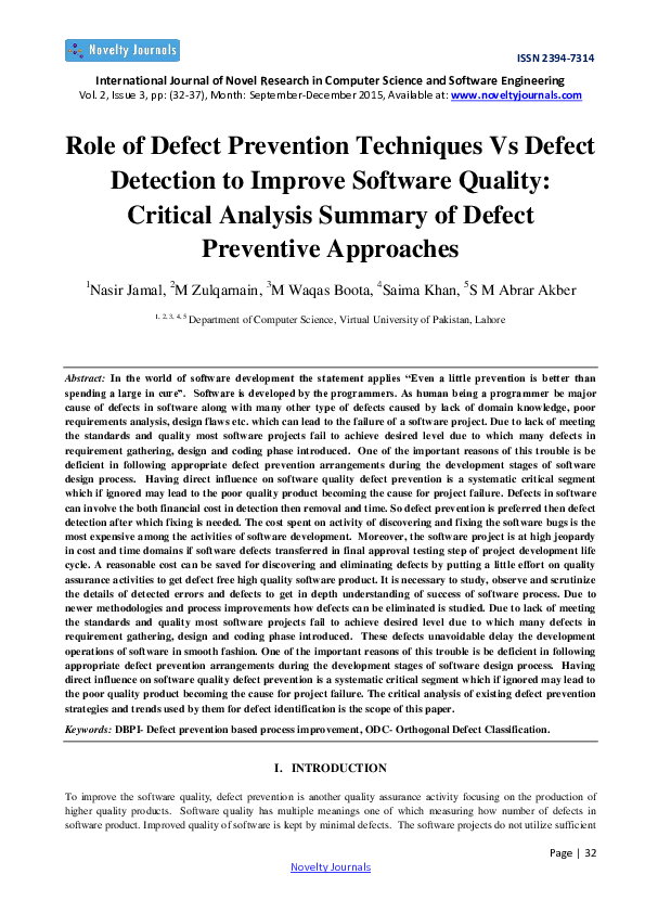 Pdf Role Of Defect Prevention Techniques Vs Defect Detection To Improve Software Quality