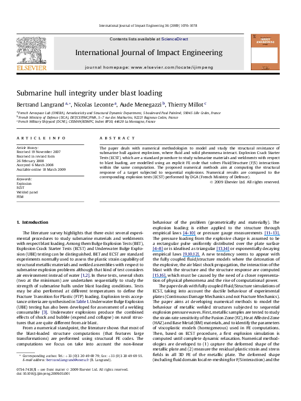 Pdf Submarine Hull Integrity Under Blast Loading