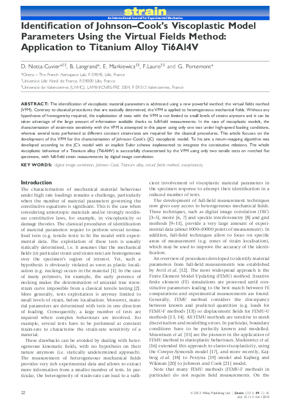 Pdf Identification Of Johnson Cooks Viscoplastic Model Parameters Using The Virtual Fields