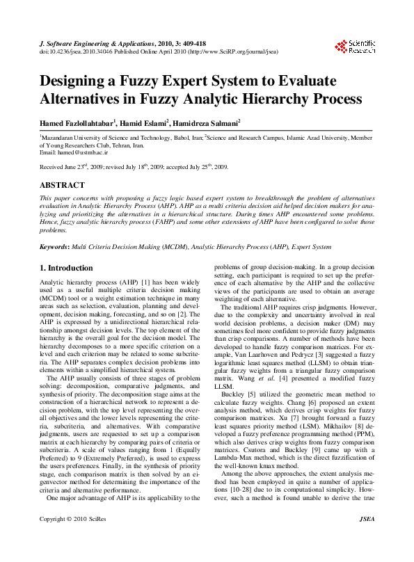 Pdf Designing A Fuzzy Expert System To Evaluate Alternatives In Fuzzy Analytic Hierarchy Process