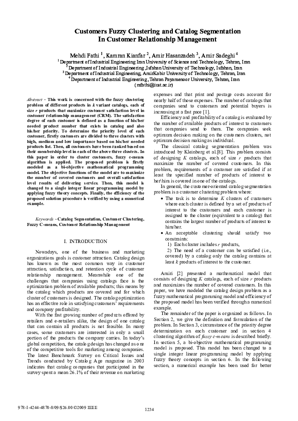 (PDF) Customers fuzzy clustering and catalog segmentation in customer relationship management
