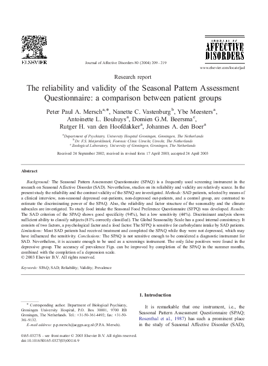 (PDF) The reliability and validity of the Seasonal Pattern Assessment ...