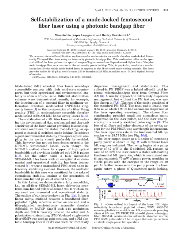 (PDF) Self-stabilization of a mode-locked femtosecond fiber laser using a photonic bandgap fiber
